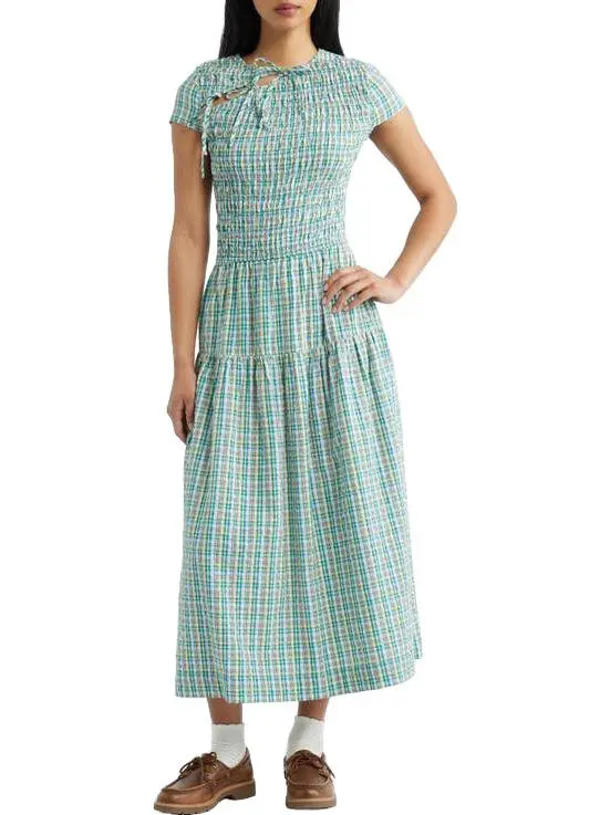 DAMSON MADDER Ebba Plaid Organic Cotton Dress - Teal Multi
