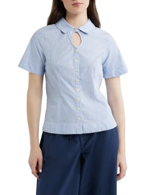 DAMSON MADDER Ebba Pinstripe Keyhole Organic Cotton Button-up Shirt - Blue