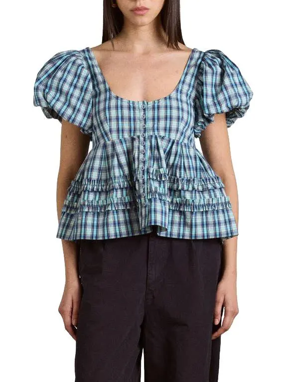 DAMSON MADDER Plaid Organic Cotton Top - Blue