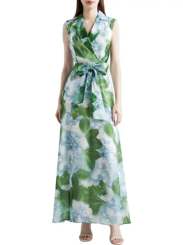 Julia Jordan Tie Waist Sleeveless Gown - Green Multi
