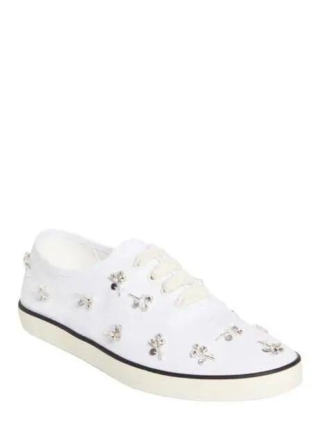Miu Miu Crystal Embellished Low Top Canvas Sneaker - White