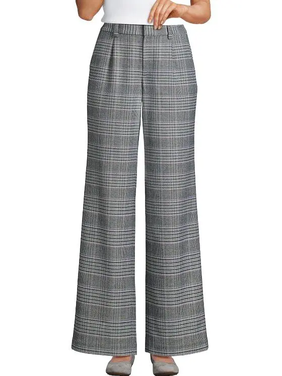LANDS' END Brushed Flannel High Rise Pleated Wide Leg Pants - Pink Amethyst Glen Plaid