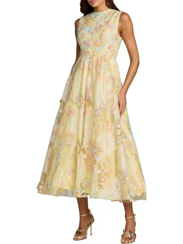 Mac Duggal Floral Embroidered Tulle Midi Dress - Yellow Multi