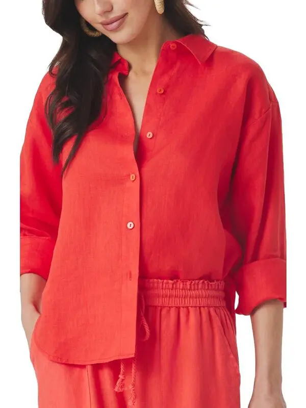 Splendid Stella Linen Button-up Shirt - Scarlet Red