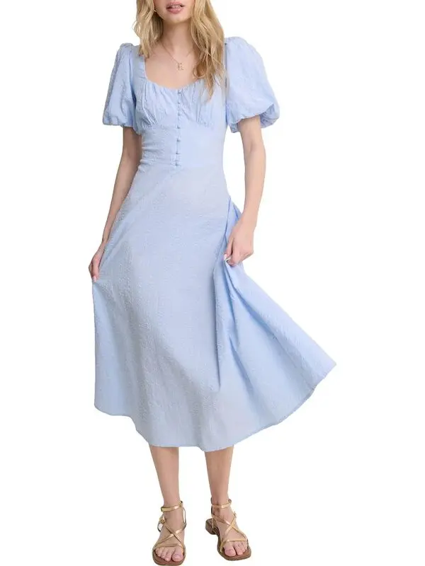 NOBODY'S CHILD Melody Texture Puff Sleeve Organic Cotton Midi Dress - Blue