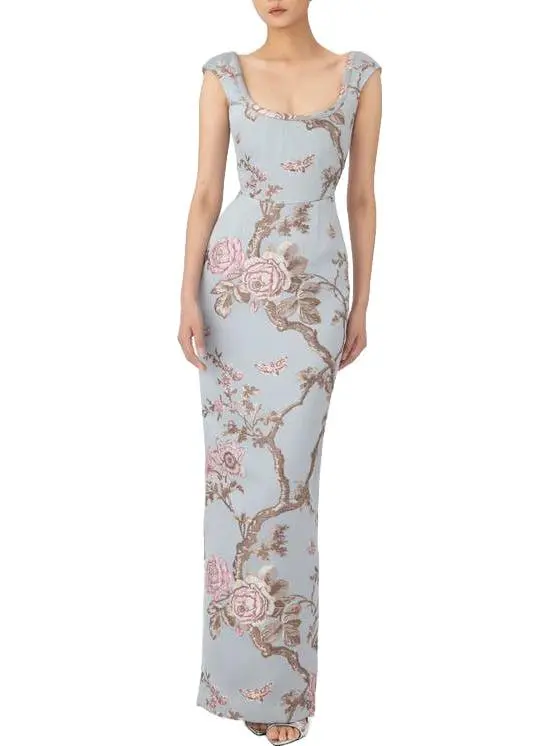 SAU LEE Brooke Floral Brocade Column Gown - Blue Ash