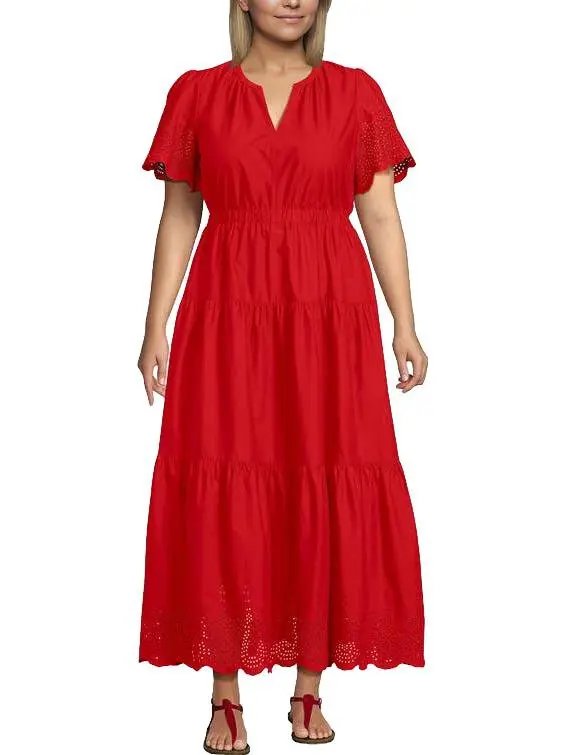 LANDS' END Tiered Cotton Poplin Eyelet Maxi Dress - Coral Red Eyelet