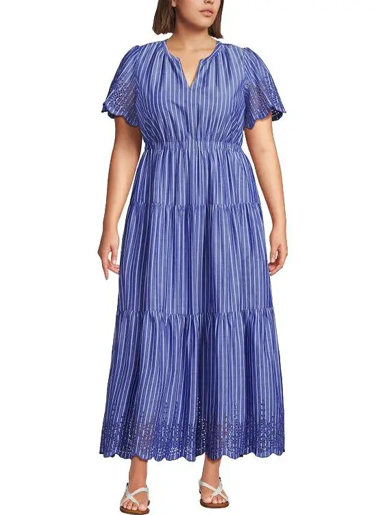 LANDS' END Tiered Cotton Poplin Eyelet Maxi Dress - Sapphire Gem Stripe Eyelet