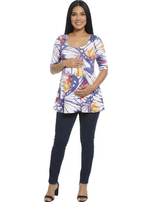24SEVEN COMFORT APPAREL Maternity Butterfly Scoop Neck Elbow Sleeve Tunic Top - Purple Multi