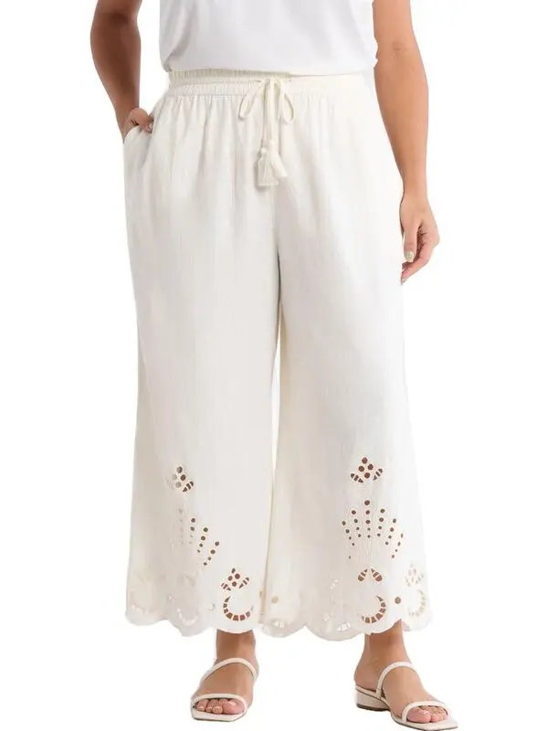 Treasure & Bond Cutwork Hem Linen Blend Pants - Ivory Egret
