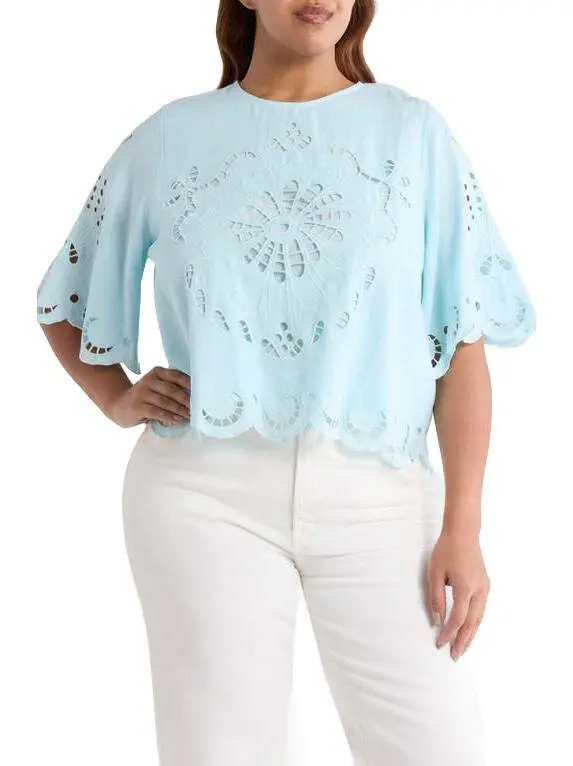 Treasure & Bond Cutout Linen Blend Top - Blue Glow