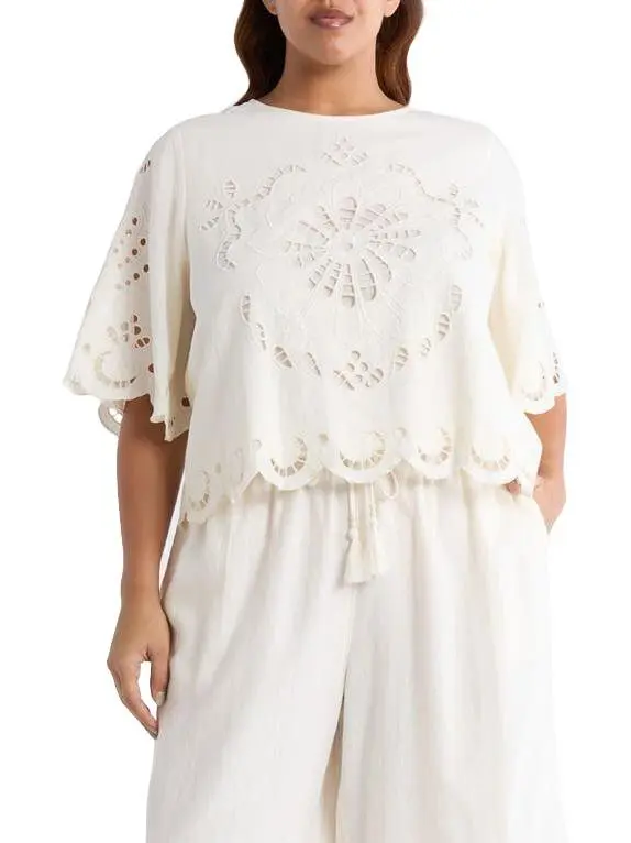 Treasure & Bond Cutout Linen Blend Top - Ivory Egret
