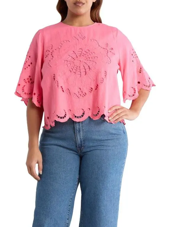 Treasure & Bond Cutout Linen Blend Top - Pink Lemonade