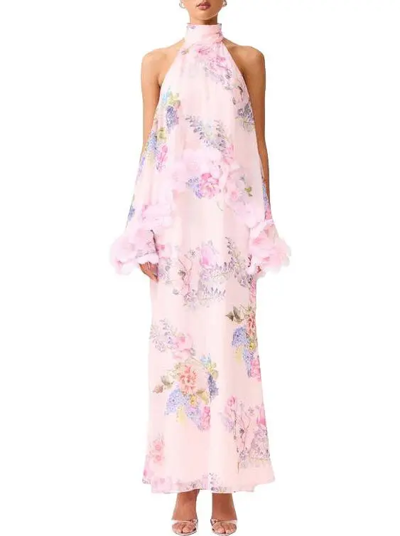 ELLIATT Floral Appliqué Tiered Halter Neck Gown - Pink Multi