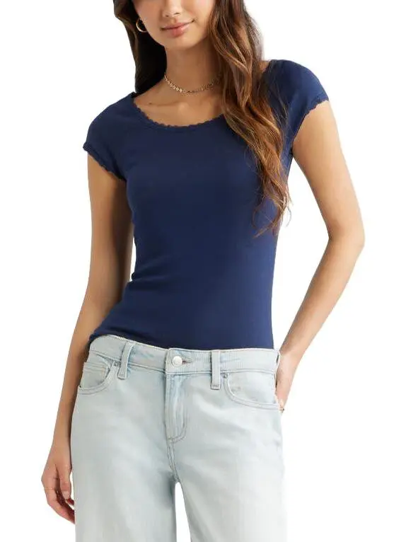 Bp. Lace Trim Cotton-blend T-shirt - Navy Iris