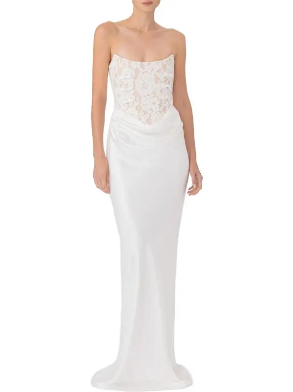 SAU LEE Blair Lace Bodice Strapless Gown - White