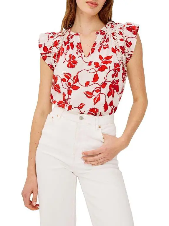 Rails Floral Ladder Stitch Flutter Sleeve Top - Red Jasmine