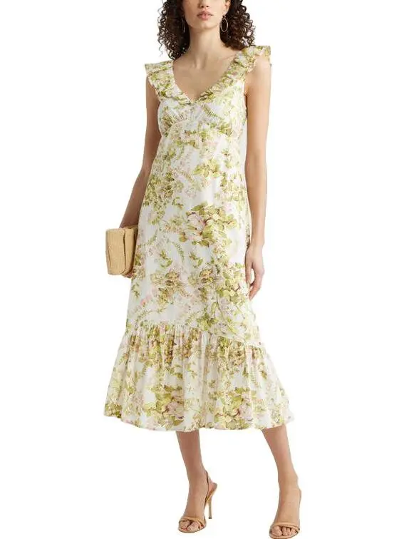 Chelsea28 Ruffle Sleeve Tiered Midi Dress - Ivory- Amanda Floral