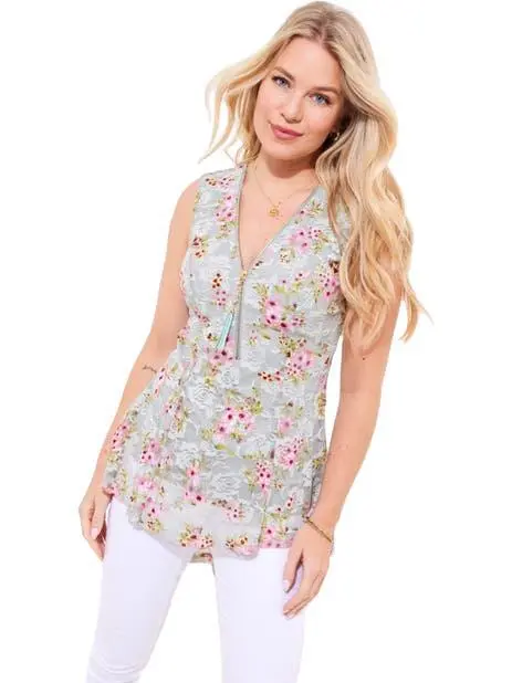 JOE BROWNS Zip Neck Sleeveless Lace Tunic - Ditsy Floral Lace