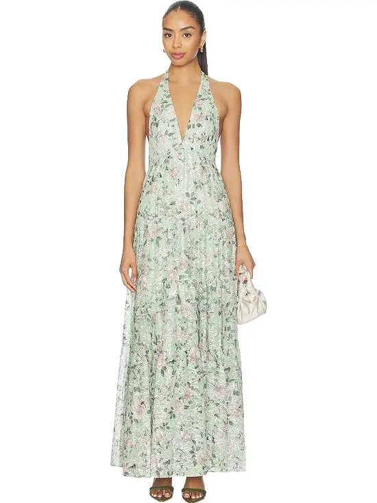 Alice + Olivia Maura Embroidered Deep V Halter Tiered Maxi Dress In Sage - Garden Gossip Light Sage