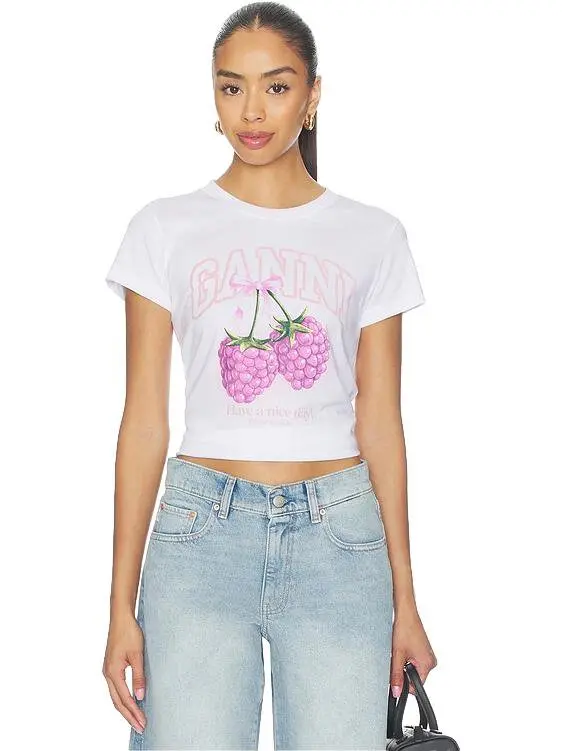 GANNI Baby Fit Raspberry T-shirt - Bright White