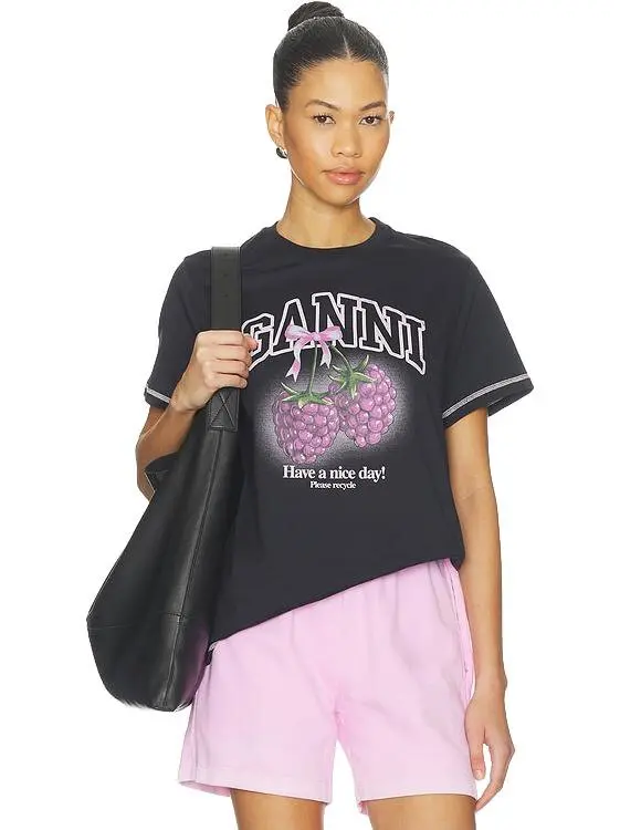 GANNI Basic Cotton Jersey Raspberry Print T-shirt - Phantom