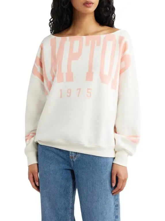 VINYL ICONS Hamptons Off The Shoulder Graphic Sweatshirt - Marshmallow