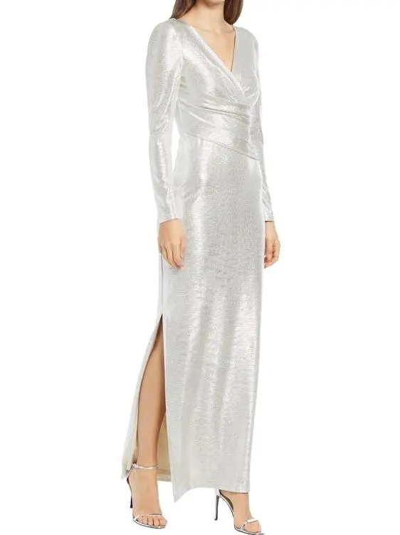 Eliza J Metallic Faux Wrap Gown - Metallic Silver