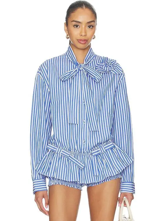 AKNVAS Flor Poplin Stripe Shirt With Rose Applique And Tie Neck - Blue