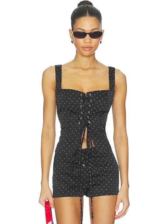 BY.DYLN Emmeline Polka Dot Lace-up Top - Black