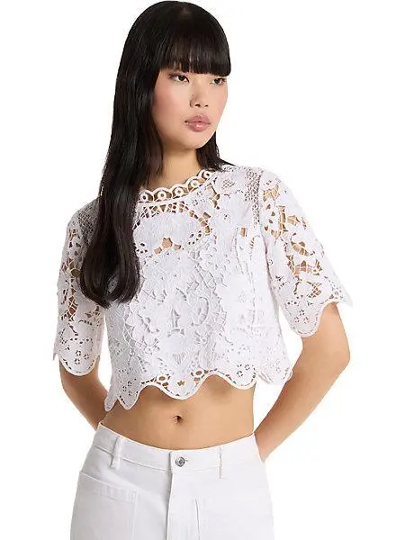 Michael Kors Floral Lace Cotton Cropped Shirt - White
