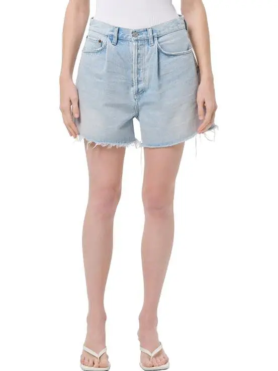 AGOLDE Rhoda Pleated Denim Shorts - Detach Md Marbled Vint Ind