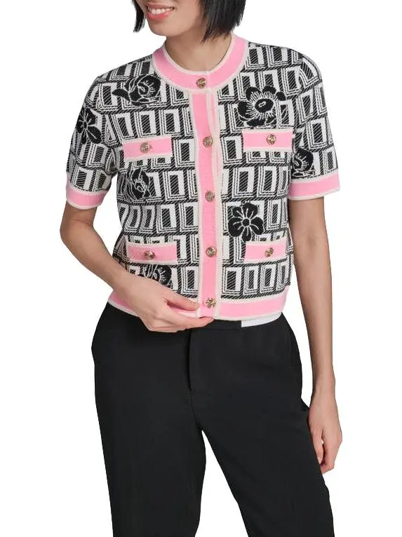 Karl Lagerfeld Paris Printed Short Sleeve Cardigan - White/black/paris Pink