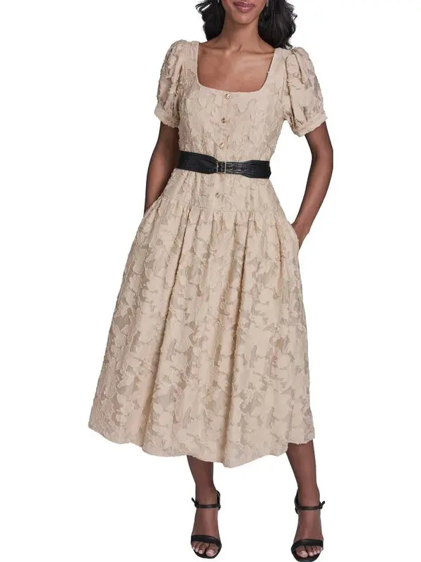 Karl Lagerfeld Paris Belted Lace Midi Dress - French Beige