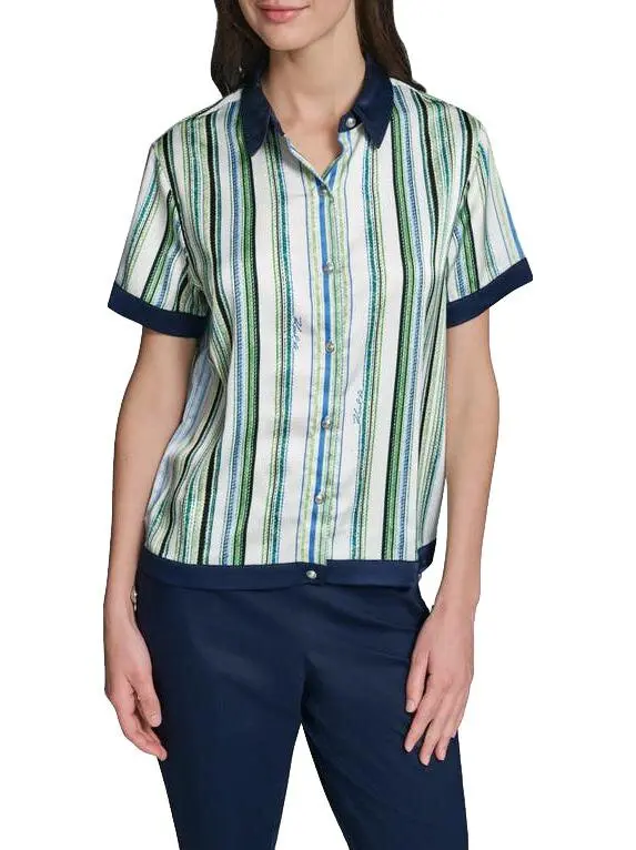 Karl Lagerfeld Paris Striped Button-up Shirt With Contrast Trim - Soft White/sky Blue Multi