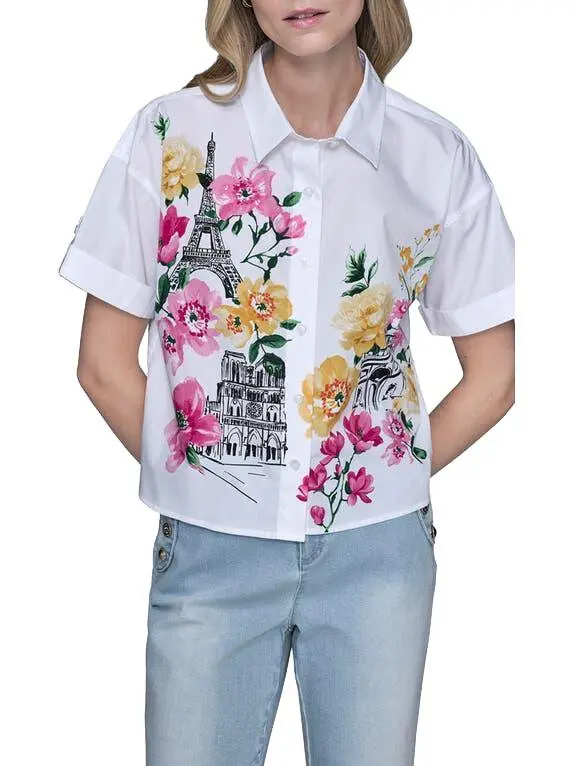 Karl Lagerfeld Paris Floral Print Cotton Shirt - White