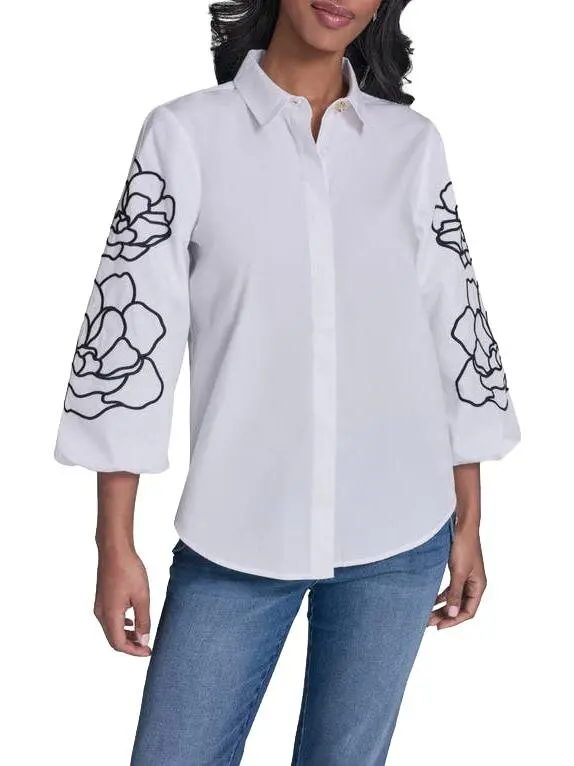 Karl Lagerfeld Paris Floral Puff-sleeve Poplin Shirt - White