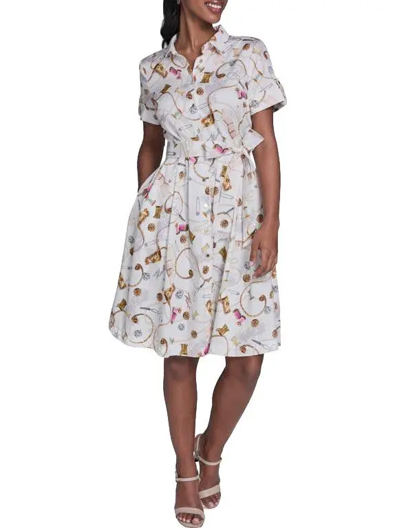 Karl Lagerfeld Paris Print Tie Waist Shirt Dress - Soft White Multi