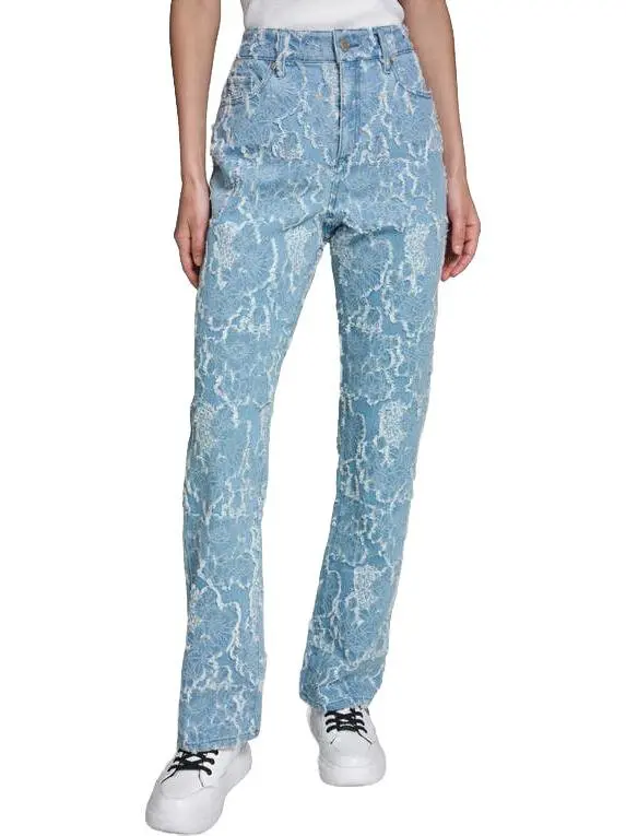 Karl Lagerfeld Paris Floral Jacquard Straight Leg Jeans - Sky Blue