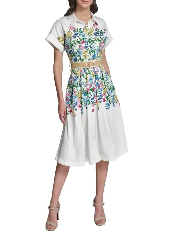 Karl Lagerfeld Paris Placed Floral Print Belted Midi Shirtdress - Soft White Combo