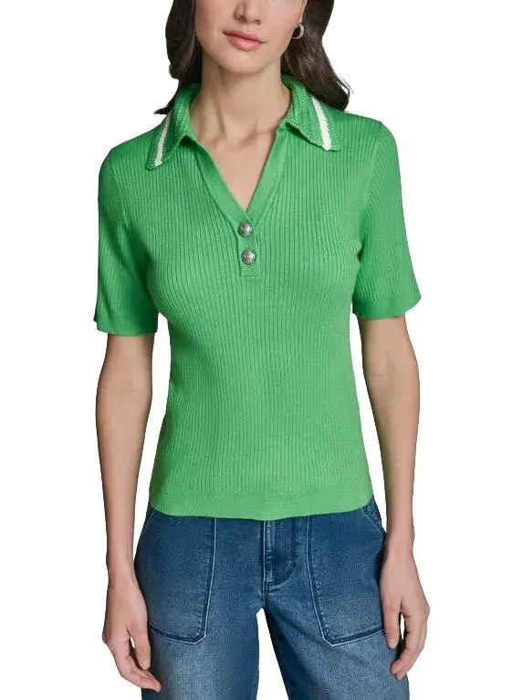 Karl Lagerfeld Paris Ribbed Knit Polo Sweater With Crochet Collar - Garden Green/soft White