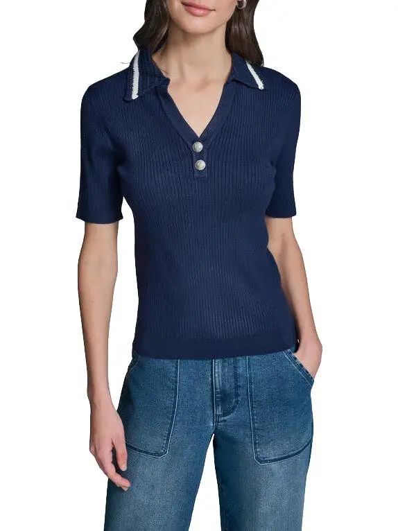Karl Lagerfeld Paris Ribbed Knit Polo Sweater With Crochet Collar - Naval Academy/soft White
