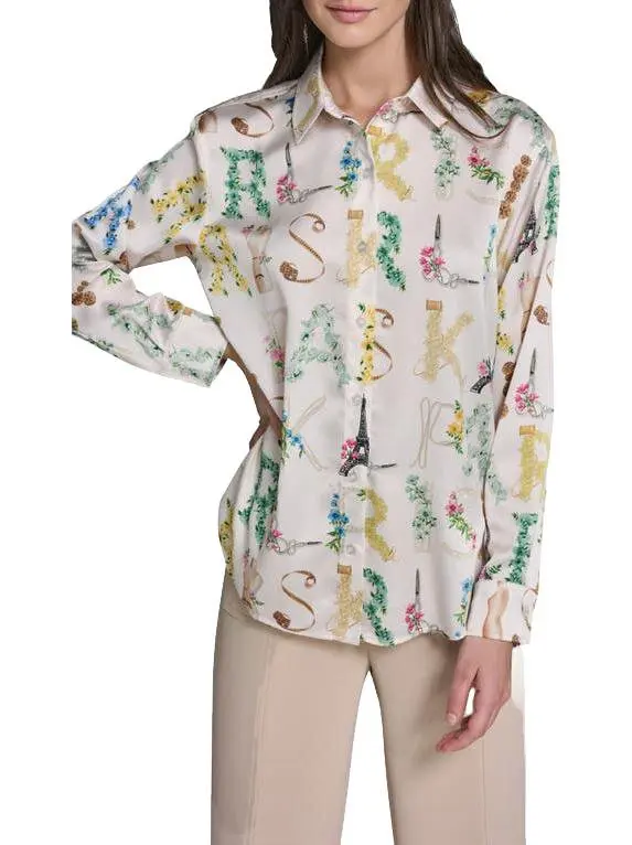 Karl Lagerfeld Paris Printed Oversized Button-up Shirt - Bisque/panna Cotta Multi