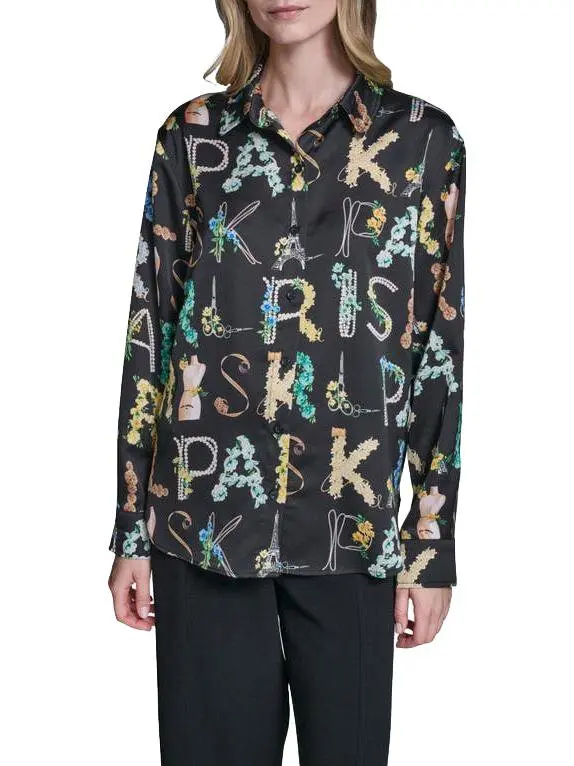 Karl Lagerfeld Paris Printed Oversized Button-up Shirt - Black/panna Cotta Multi
