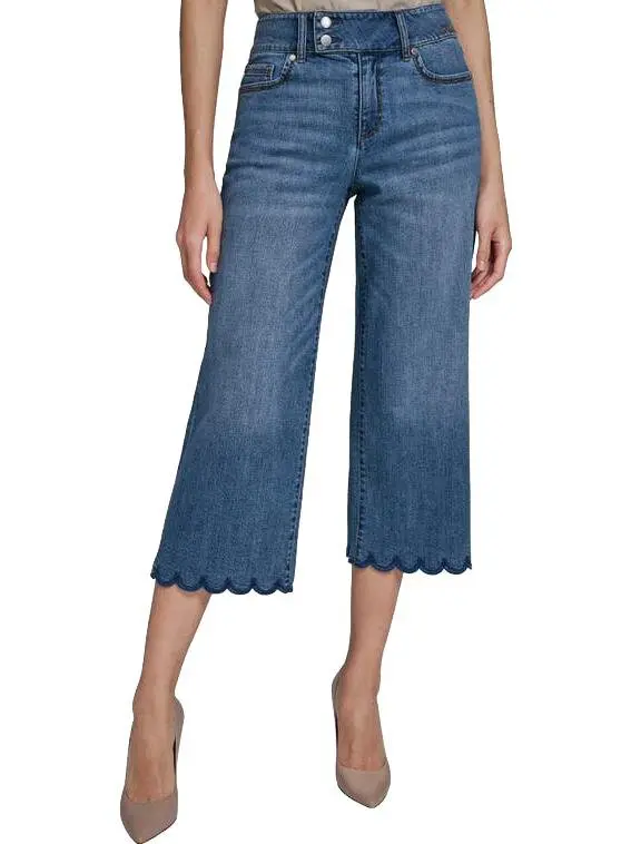 Karl Lagerfeld Paris Scalloped Hem Crop Wide Leg Jeans - Coastal Blue