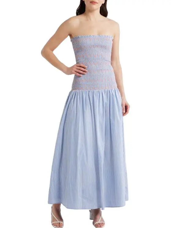 Line & Dot Eleni Smocked Strapless Maxi Dress - Blue Multi