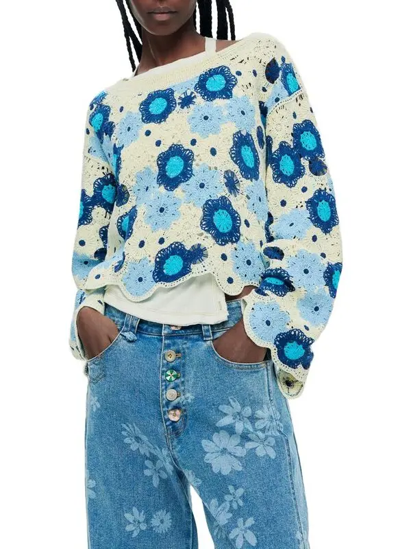 Desigual Open Stitch Floral Sweater - Blue