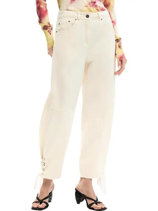Desigual Lace Up Hem Denim Pants - Light Beige