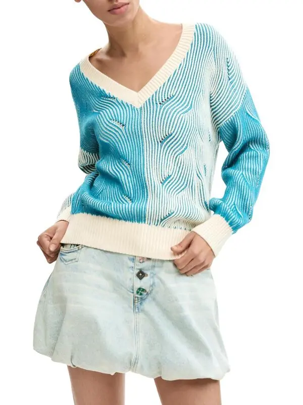 Desigual Colorblock Pointelle Sweater - Light Blue