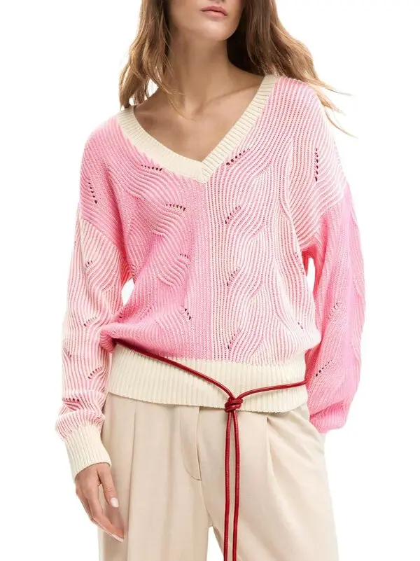 Desigual Colorblock Cotton Blend Pointelle Sweater - Pink
